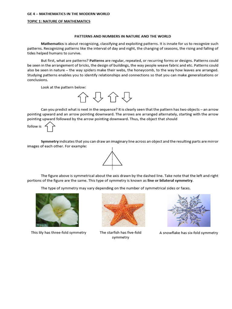 Ge 4 - Topic 1 - Nature of Mathematics | PDF | Symmetry | Pattern