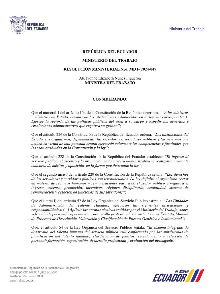 RESOLUCION MINISTERIAL NO. MDT-2024-047-signed | PDF | Gestión de recursos humanos | Gobierno