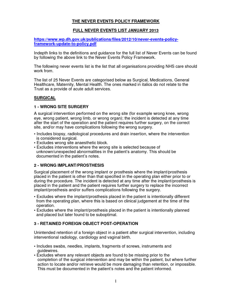Enclosure E2 - Never Events | PDF | Intravenous Therapy | Surgery
