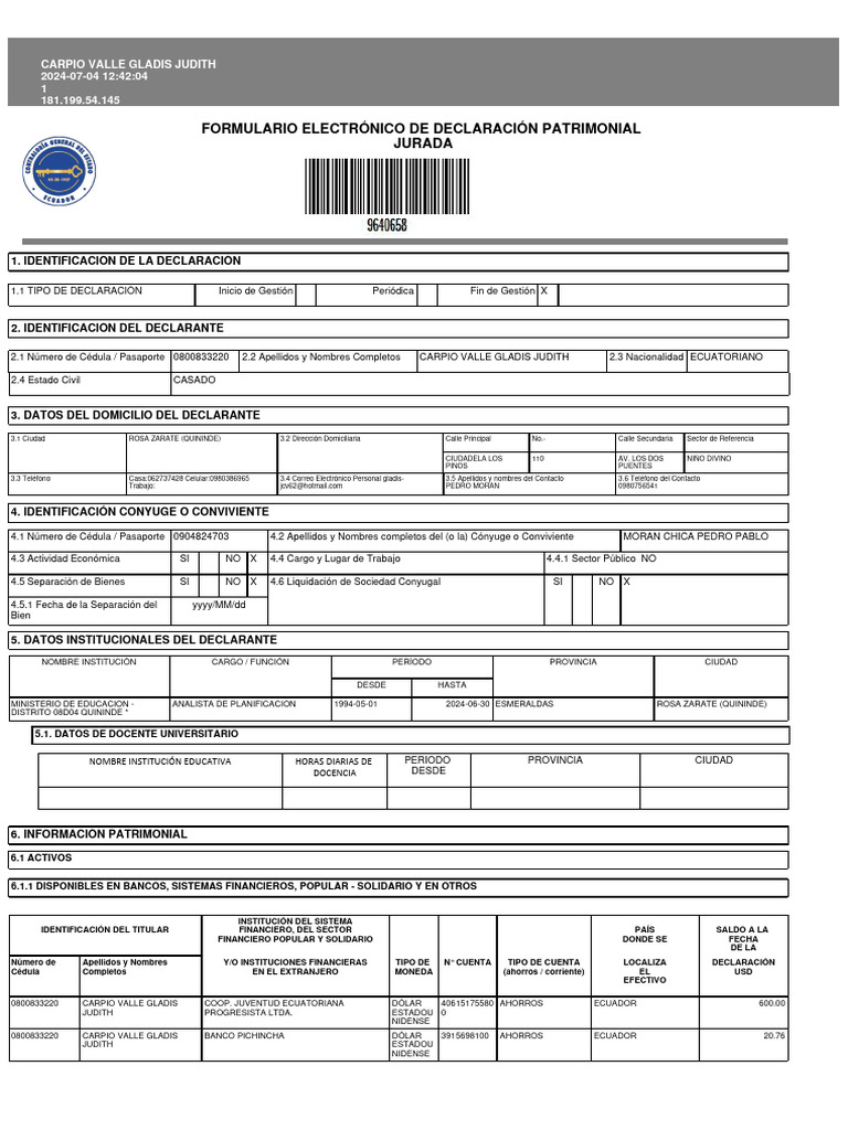 Formulario Electrónico de Declaración Patrimonial Jurada: Carpio Valle ...