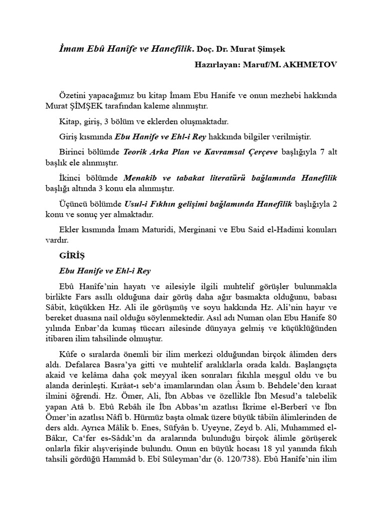 M.Şimşek Hanefîlik Maruf Özeti | PDF