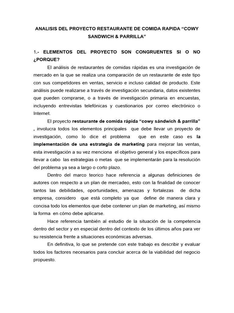 ANALISIS DEL PROYECTO RESTAURANTE DE COMIDA RAPIDA 1 | PDF | Marketing | Business