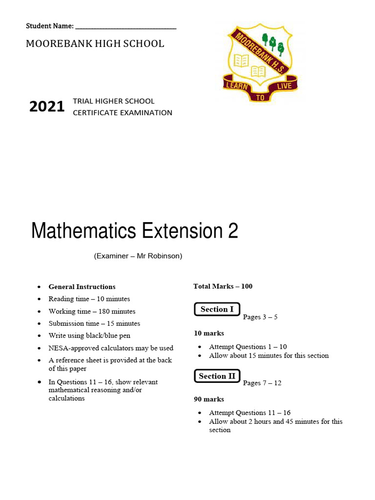 Moorebank 2021 Ext2 Task4 Trial - ExamV3 | PDF | Complex Number | Acceleration
