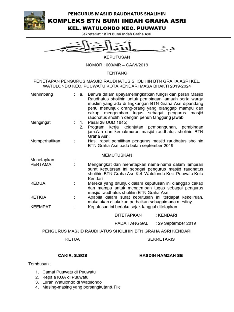 SK Pengurus Masjid Raudhatus Sholihiin | PDF