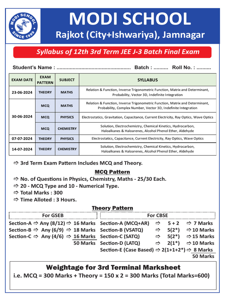 12th 3rd Term Final Exam Planner - JAMNAGAR - J-3 | PDF | Physical ...