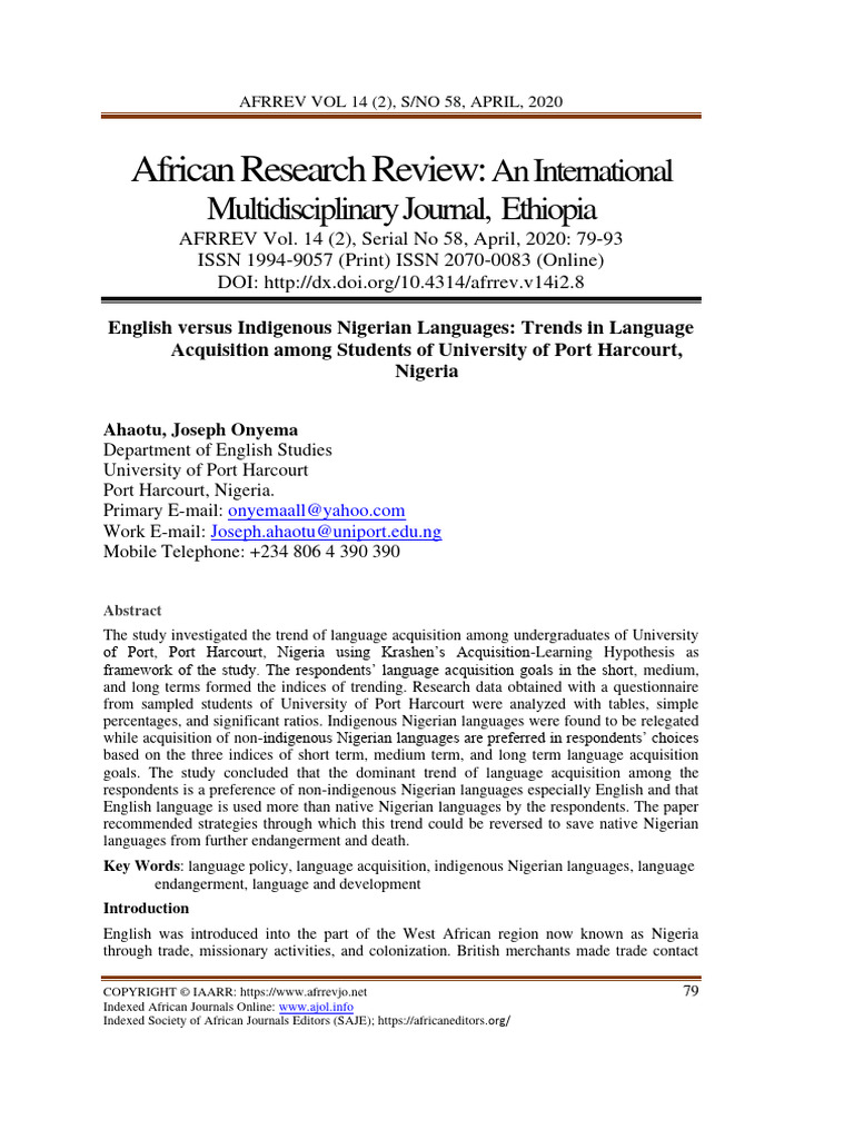 5 Ahaotu Eng Versus Indigenous Langs AFFREV 14 2 | PDF | Second Language | Second Language ...