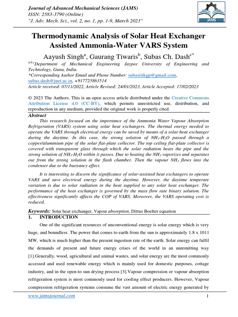 V2 I1 01 Thermodynamic Analysis of Solar Heat Exchanger Assisted Ammonia-Water VARS System | PDF ...
