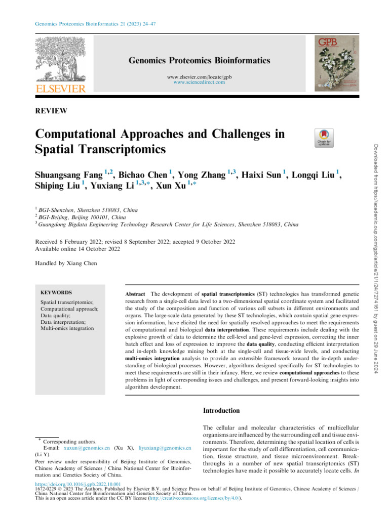 Computational Approaches and Challenges in Spatial Transcriptomics ... Computational Approaches and Challenges in Spatial Transcriptomics ...