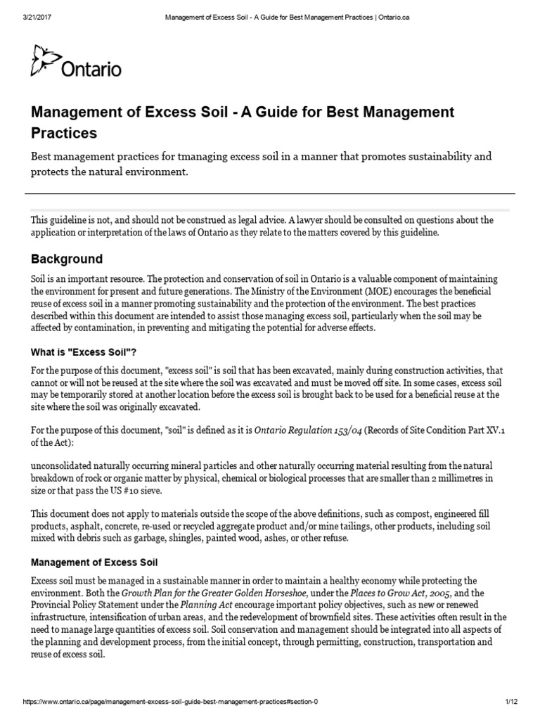 Management of Excess Soil - A Guide For Best Management Practices - Ontario | PDF | Soil | Waste