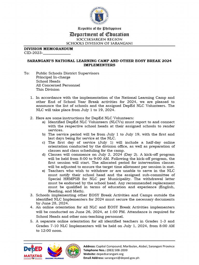 DM NLC Implementers and EOSY Break Activties | PDF | Government Related Organizations | Government