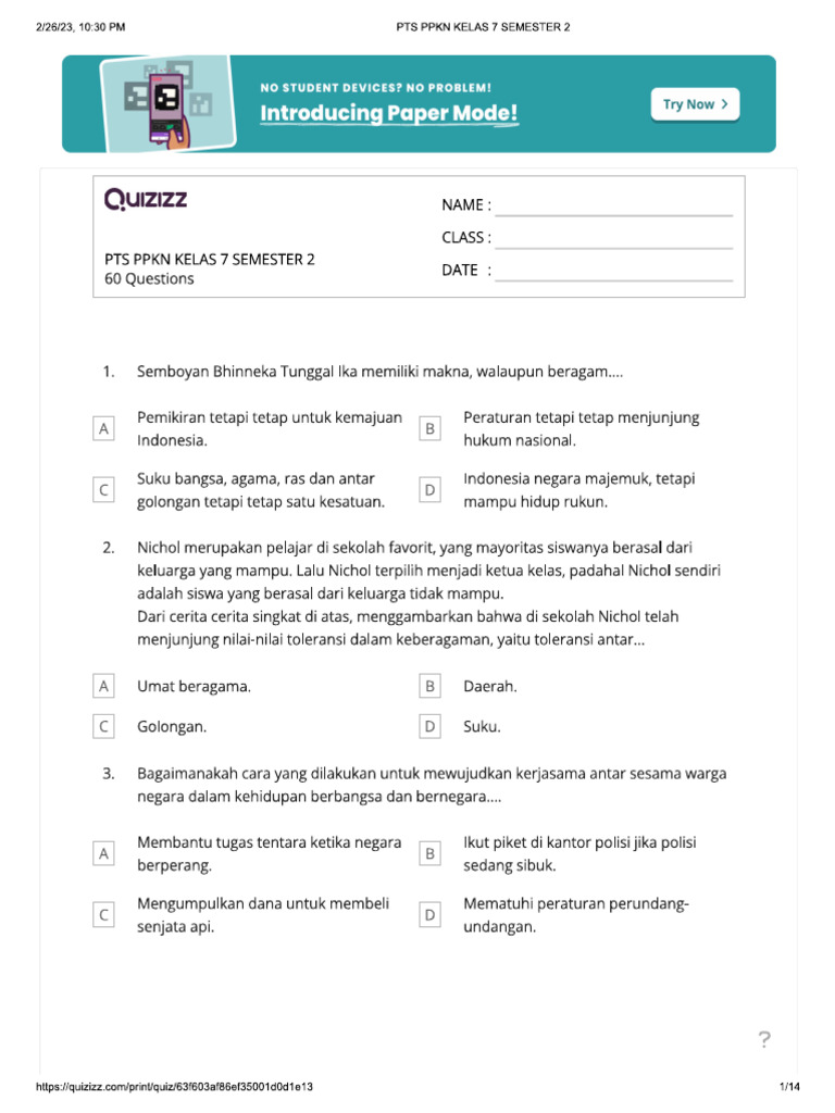 PTS PPKN Kelas 7 Semester 2 | PDF
