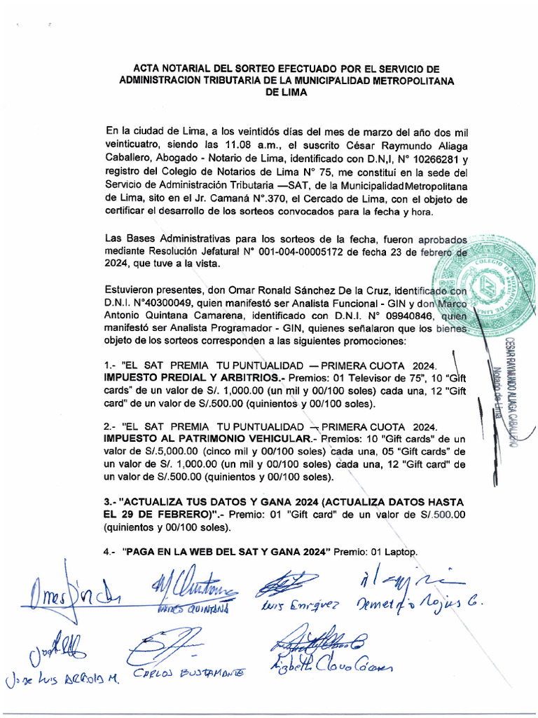ACTA NOTARIAL-1er Sorteo 2024 | PDF
