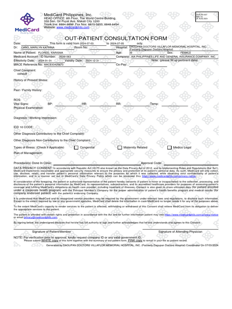 MediCard Out-Patient Consultation Form | PDF | Patient | Medicare ...