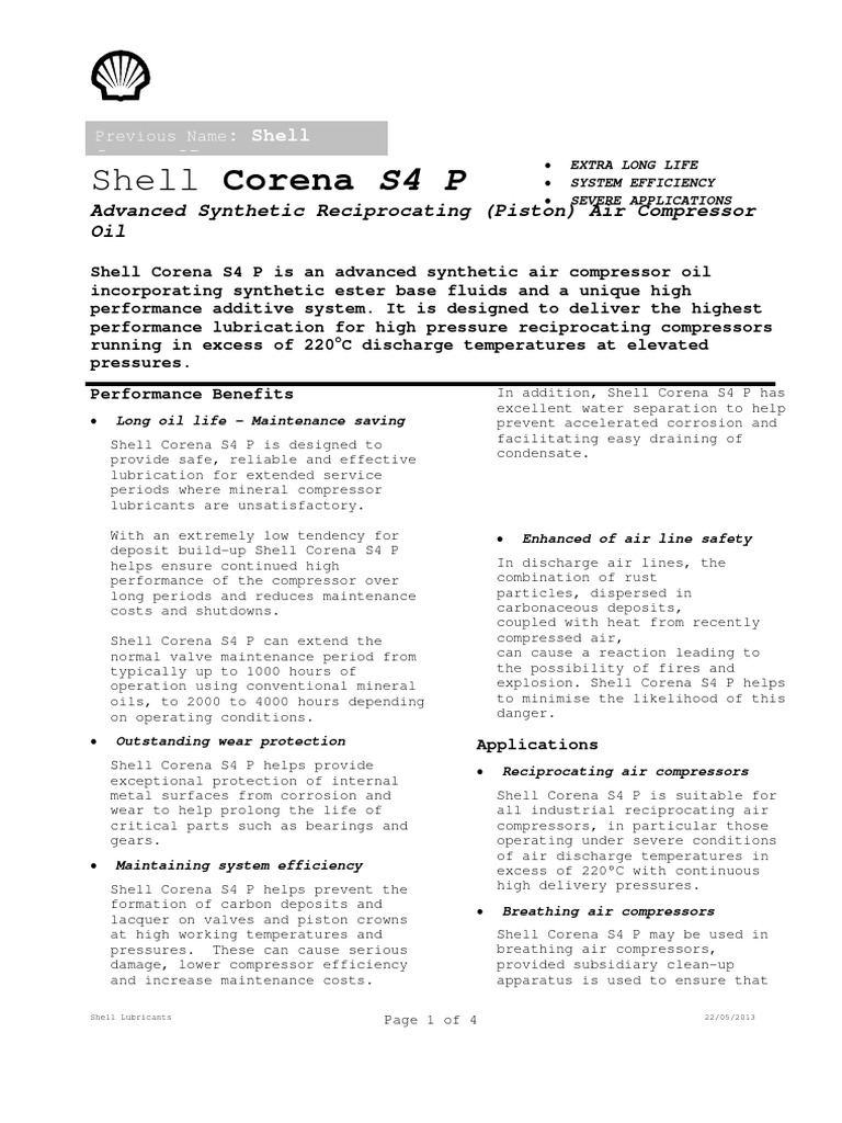 Shell Corena S4 P Compressor Oil Guide | PDF | Mechanical Engineering ...