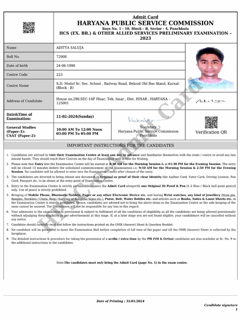 Admit Card ADITYA SALUJA | PDF