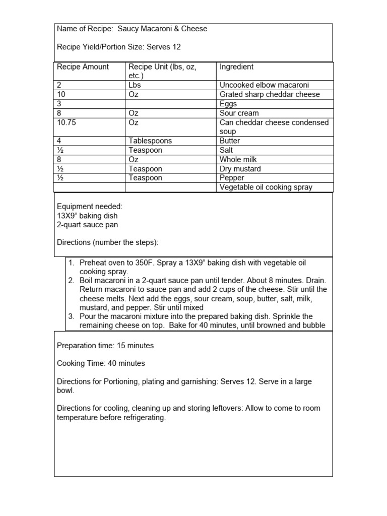 Sample Recipe in The Standardized Recipe Format | PDF