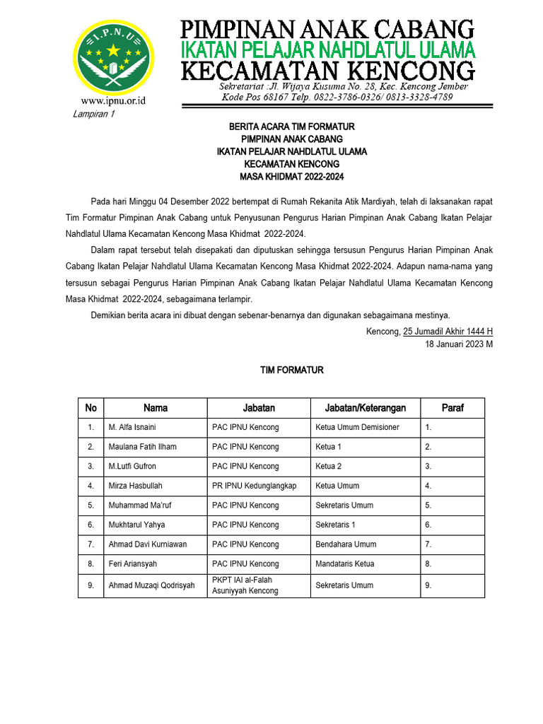 002 Lampiran Berita Acara Pengurus Pac Ipnu Kencong 2021 2023 | PDF