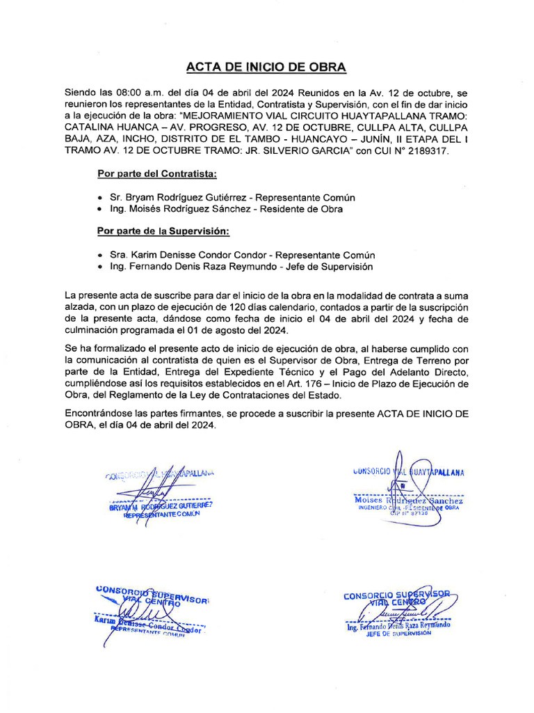 11.4 ACTA DE INICIO DE OBRA | PDF