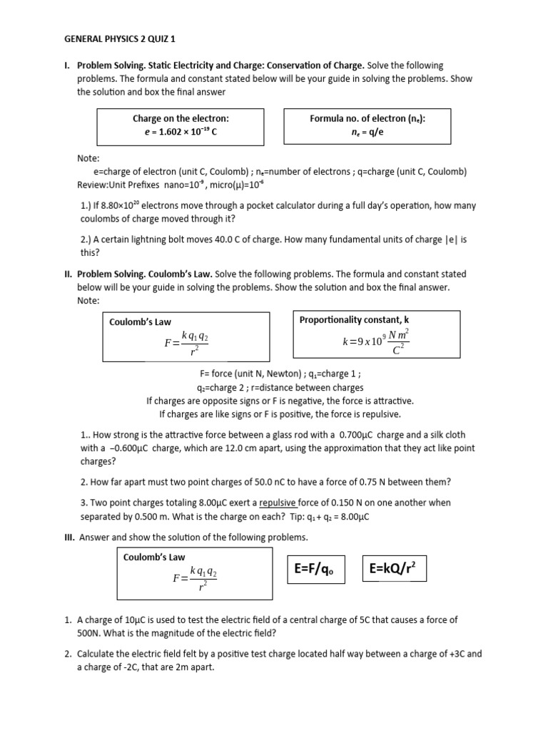 Physics 2 Quiz 1 | PDF | Force | Electric Field
