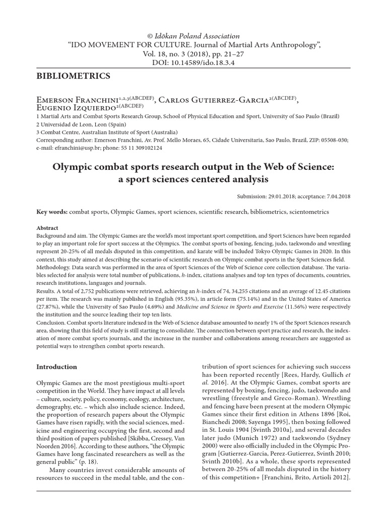 Olympic Combat Sports Research Output in The Web of Science A Sport ...