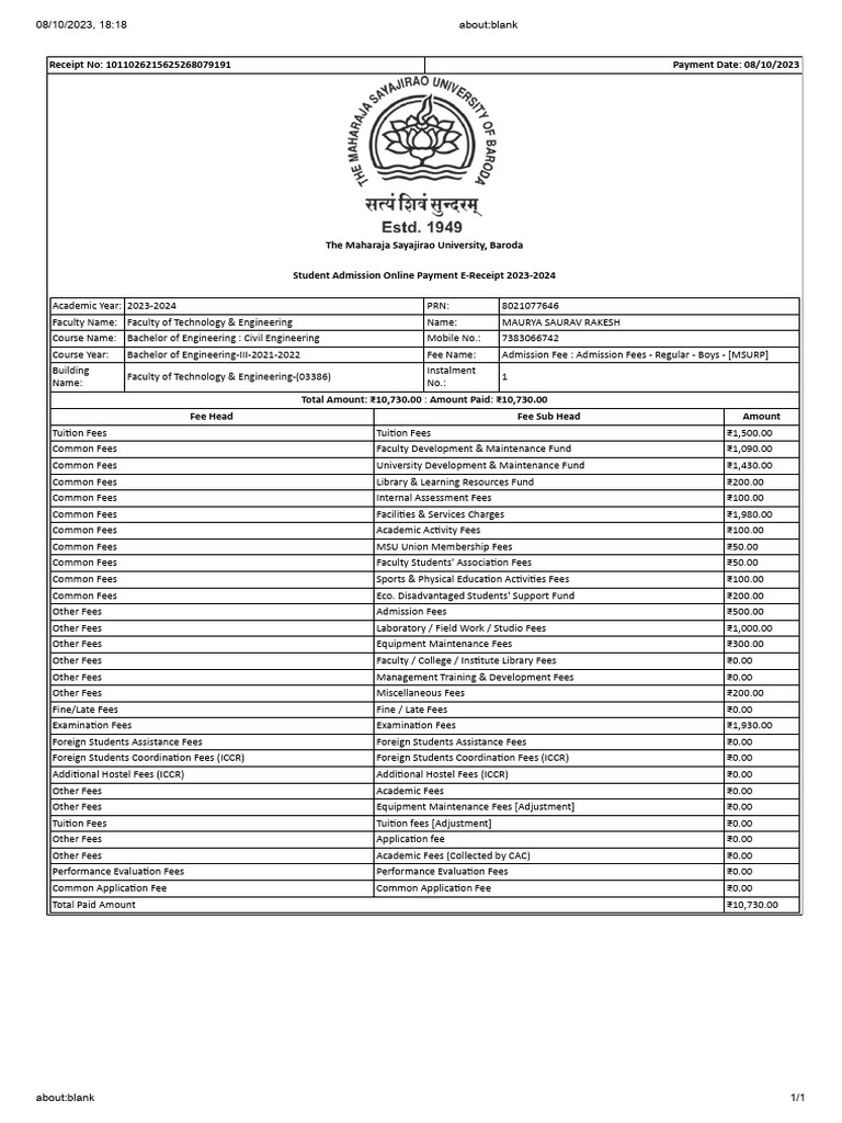 BE-3 Fee Receipt - MSU - Saurav Maurya | PDF | Fee