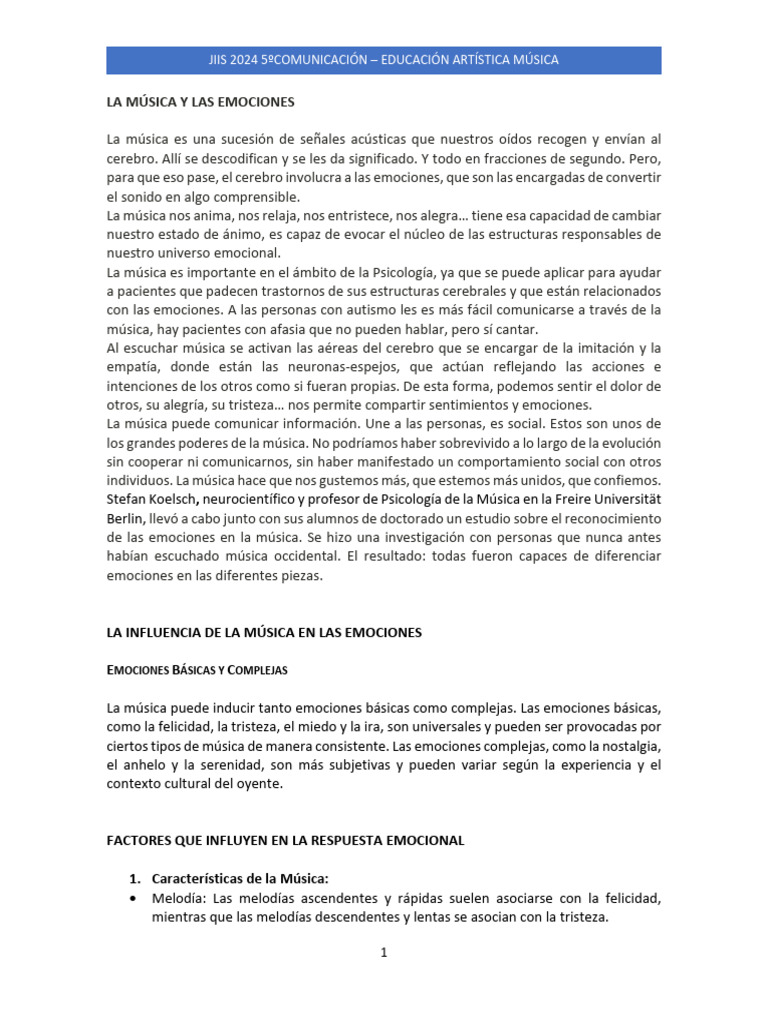 LA MÚSICA Y LAS EMOCIONES - 5º COM | Descargar gratis PDF | Las ...