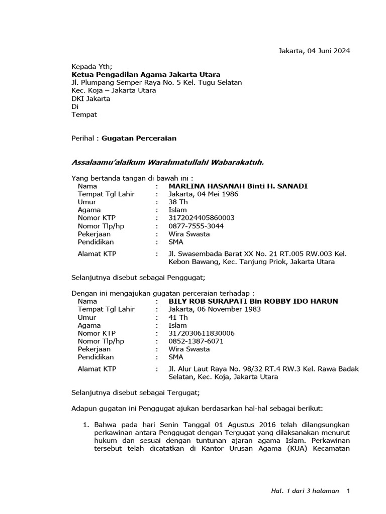 contoh gugatan cerai gugat hadhanah | PDF