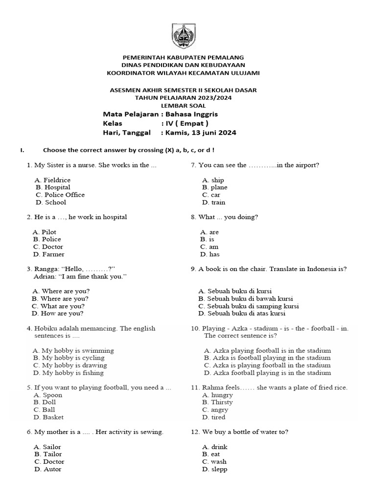 Soal AAS Bhs Inggris Kls 4 s2 - 2324 | PDF