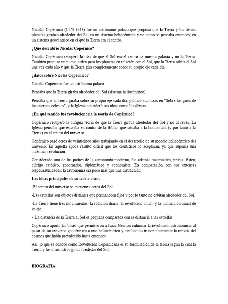 Nicolás Copérnico y su teoría heliocéntrica | PDF | Nicolás Copérnico ...