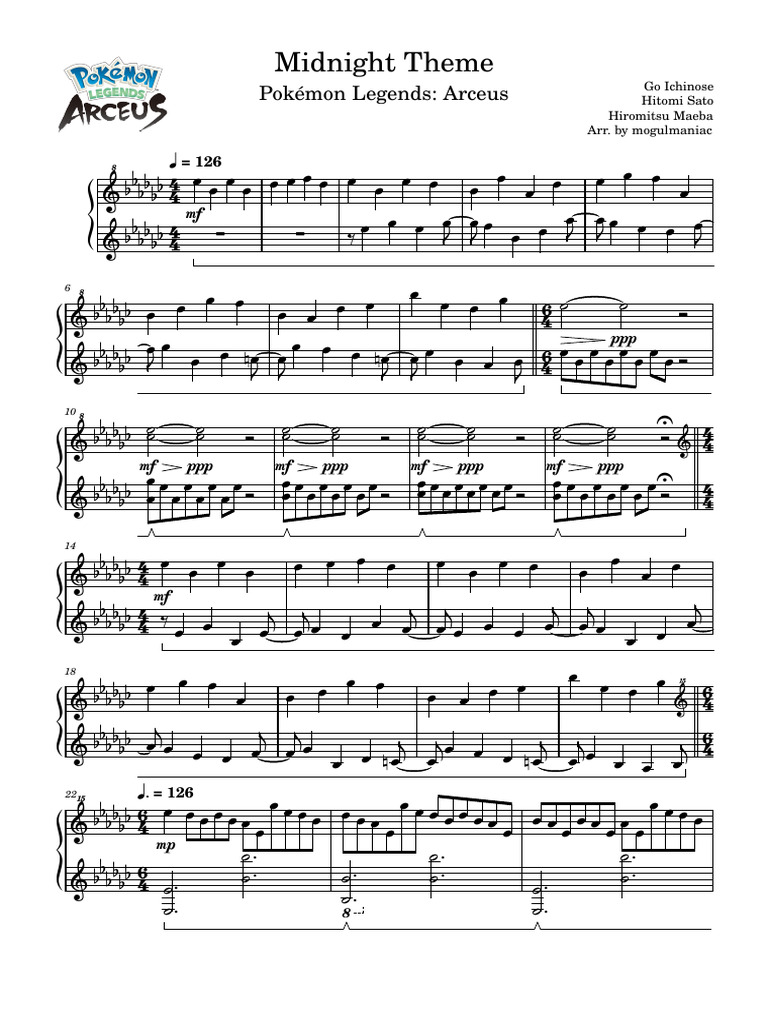 Midnight Theme - Pokmon Legends Arceus Solo Piano | PDF | Video Games | Video Game Development