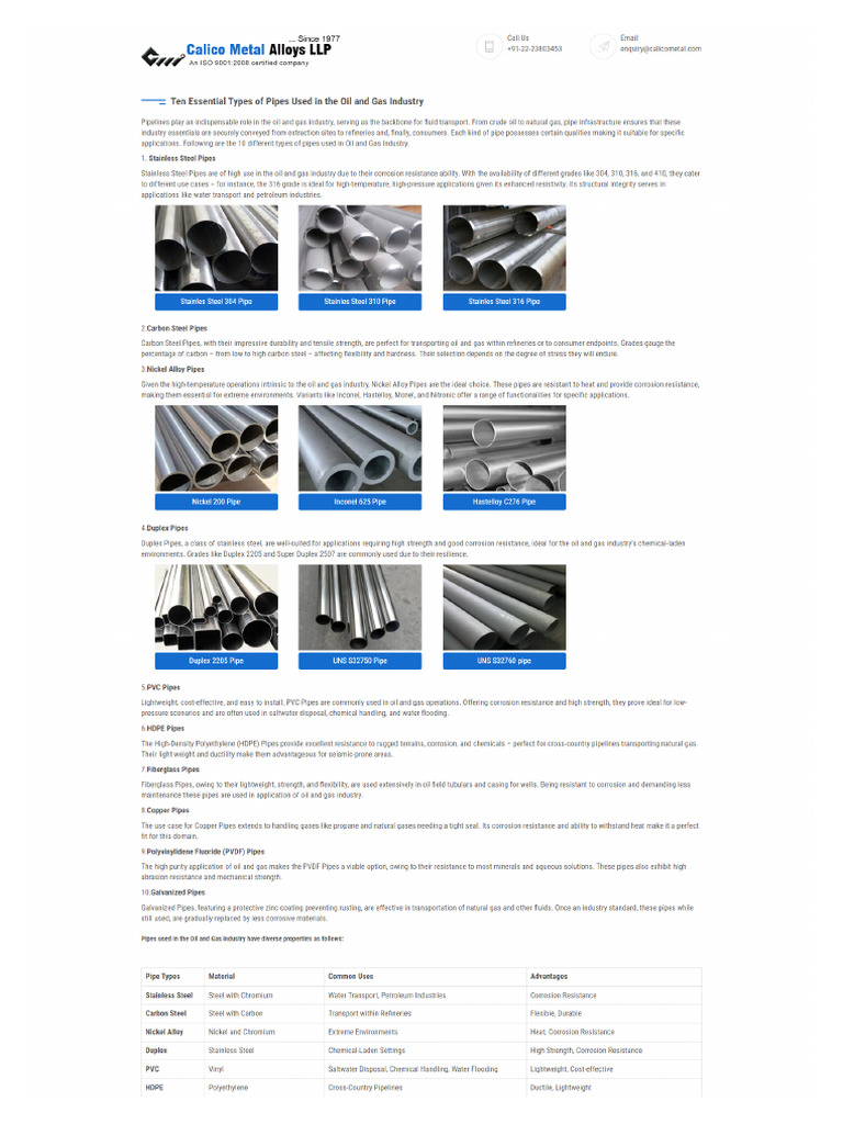 Types of Pipes Used in the Oil and Gas Industry | PDF