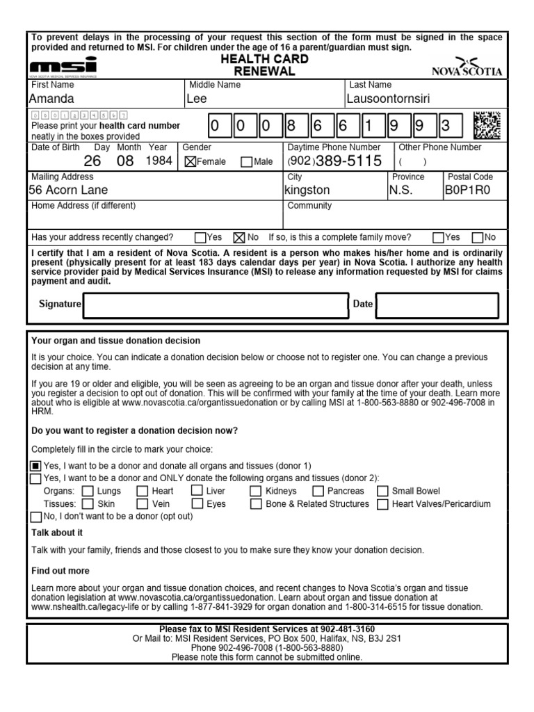 MSI Health Card Renewal Form | PDF | Organ Donation | Organ (Anatomy)