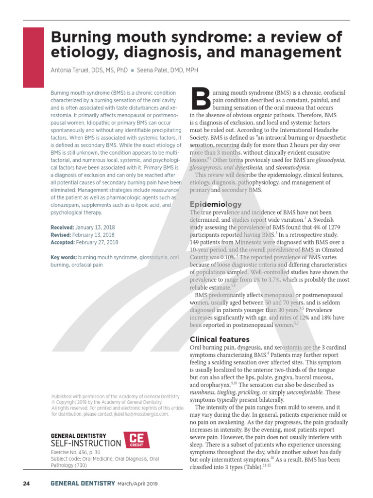 Burning Mouth Syndrome, A Review of Etiology, Diagnosis, and Management ...