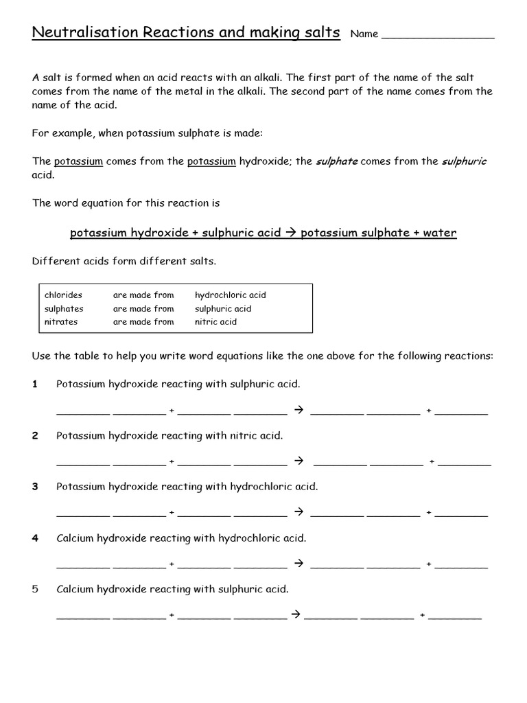 Neutralisation Word Equations and Making Salts | PDF | Science ...