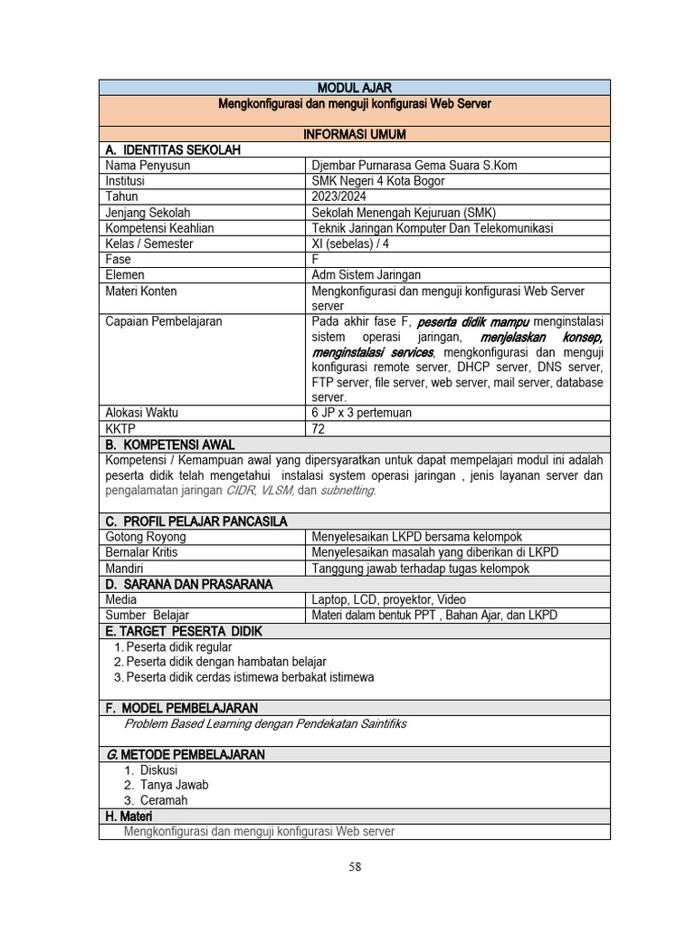 LK7a. FORM MODUL AJAR MAPEL TJKT - 8. Mengkonfigurasi Dan Menguji Konfigurasi Web Server | PDF