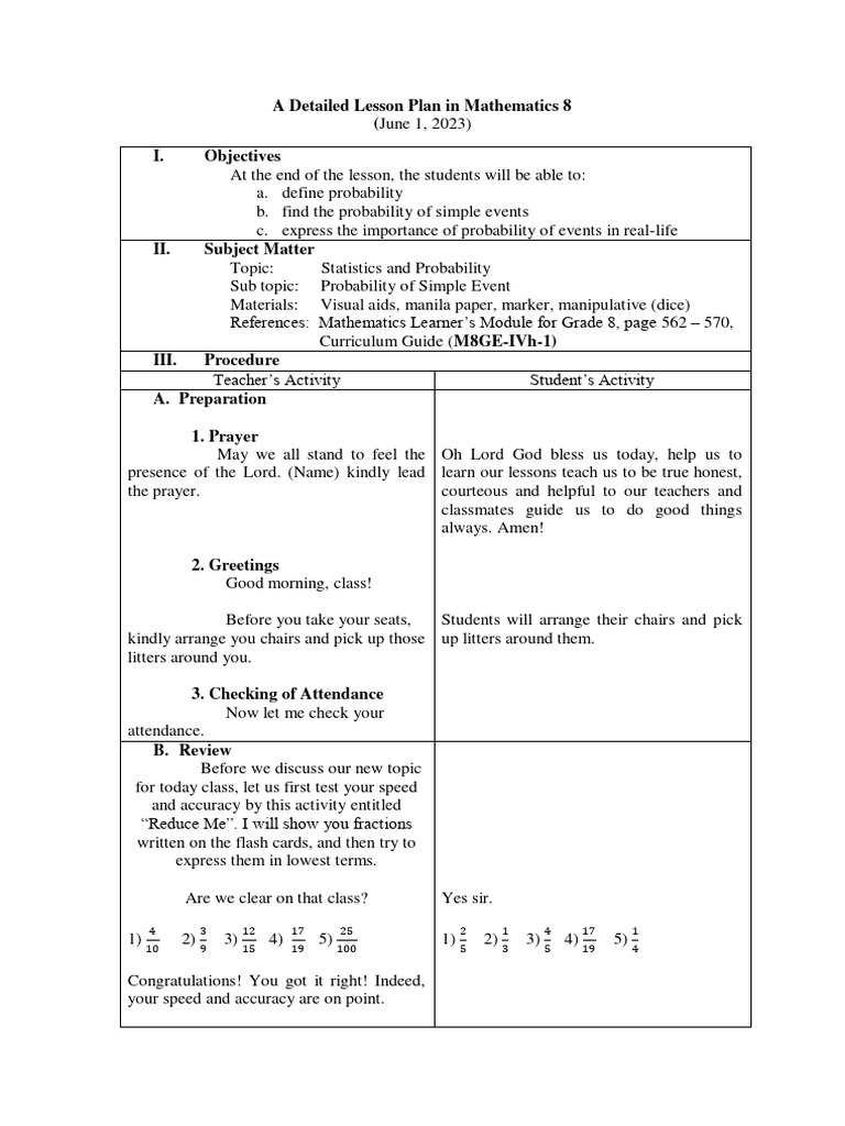Detailed Lesson Pan (Probability of Simple Events) | PDF | Probability ...