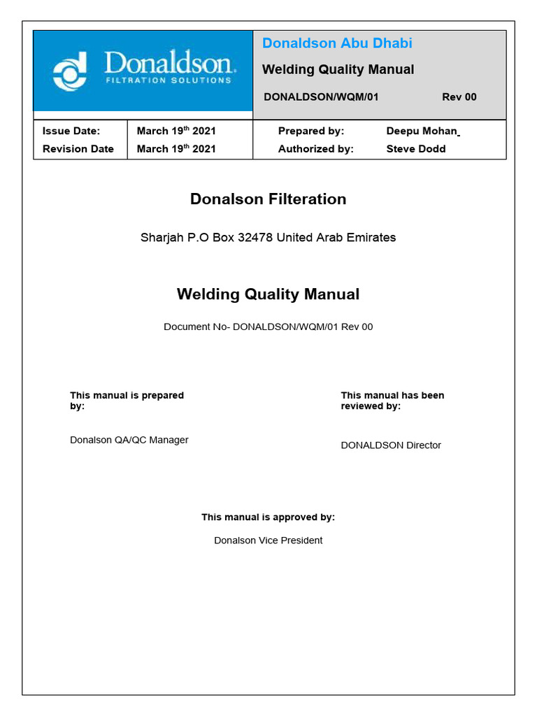 Donaldson Welding Quality Manual ISO 3834-2 | PDF | Welding | Construction