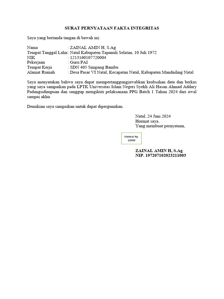 Surat Pernyataan Fakta Integritas - Ppg Ftik Uin Syahada ... Surat Pernyataan Fakta Integritas - Ppg Ftik Uin Syahada ...