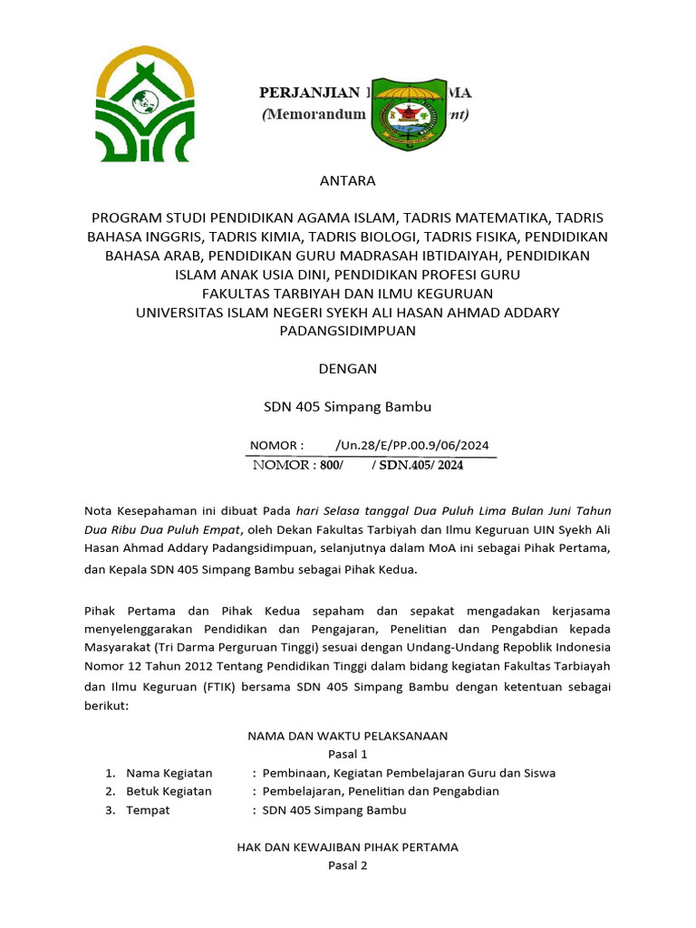 MOU FTIK Dengan Sekolah Peserta PPG Batch 1 2024 | PDF