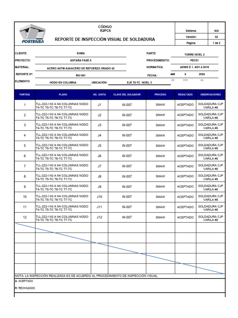 R2PC6 Reporte Inspección Visual de Soldadura | PDF | Soldadura ...