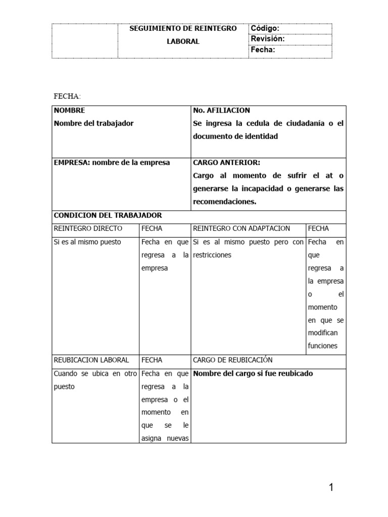 Seguimiento de Reintegro | PDF | Seguridad y salud ocupacional