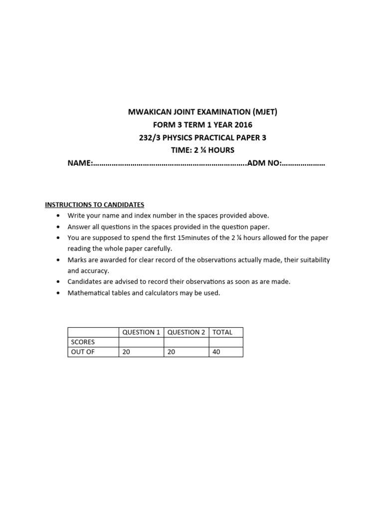Physics Form 3 Paper 3 Mod21042022001 | PDF