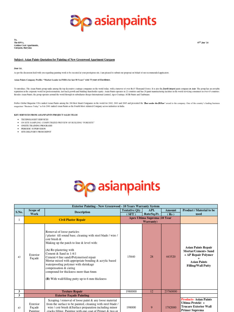 Asian Paints Quotation - New Greenwood | PDF | Paint | Plaster