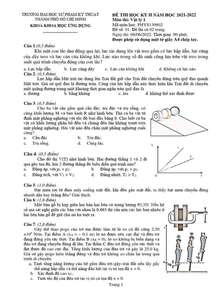 Vat Ly 1 - PHYS130902 - HKII 2021 2022 - CLC | PDF