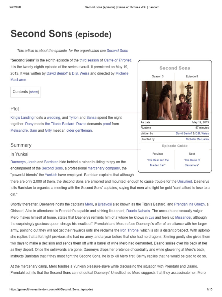 08 - Second Sons (Episode) - Game of Thrones Wiki - Fandom | PDF | A ...