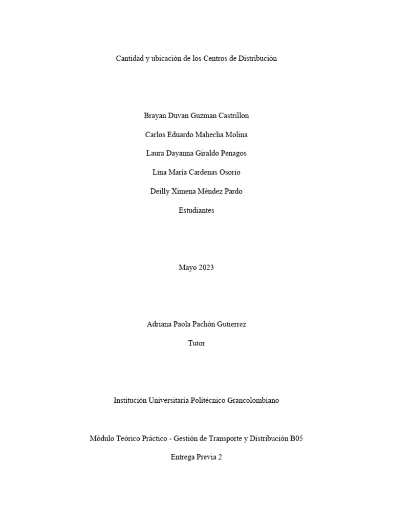 Entrega1 - Gestión de Transporte y Distribución - Subgrupo19 | PDF | Logística | Business