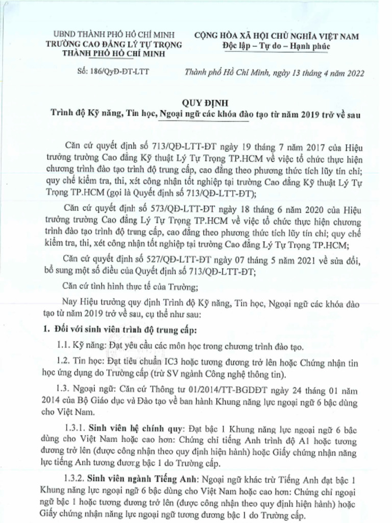 186 Quy Dinh Trinh Do Ky Nang Tin Hoc Ngoai Ngu Cac Khoa Tu Nam 2019 Tro Ve Sau 2022 | PDF