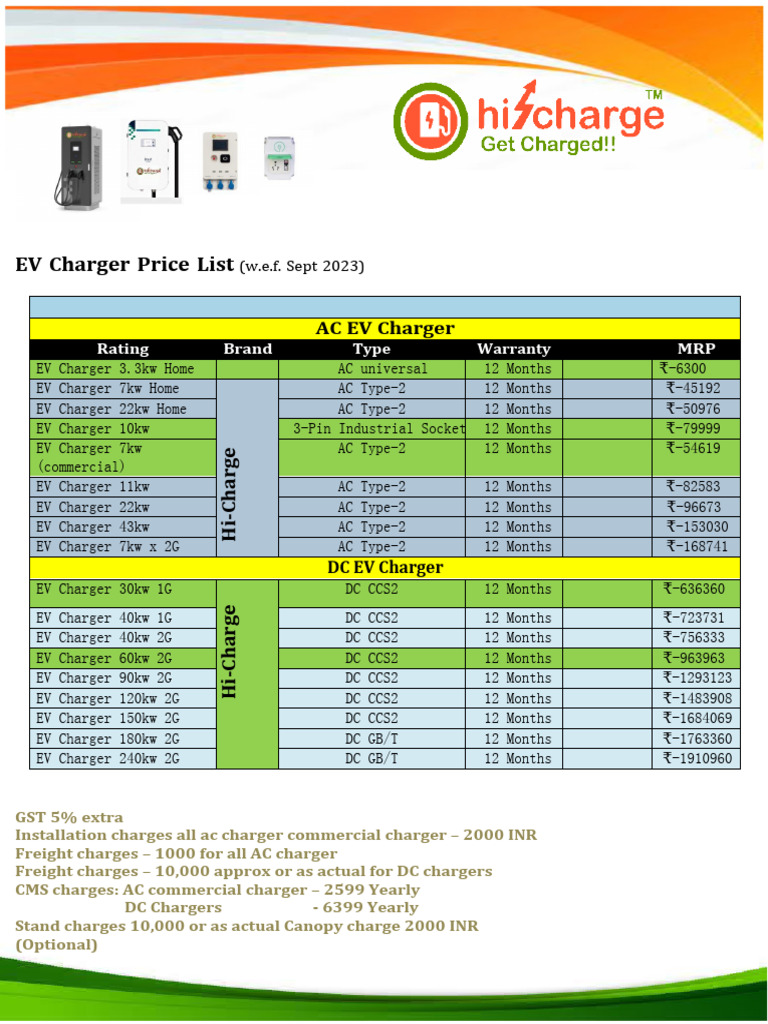 Hi_Charge_Price_List | PDF | Vehicle Technology | Electrical Components