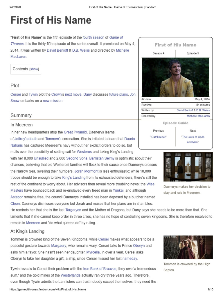 05 - First of His Name - Game of Thrones Wiki - Fandom | PDF | World Of ...