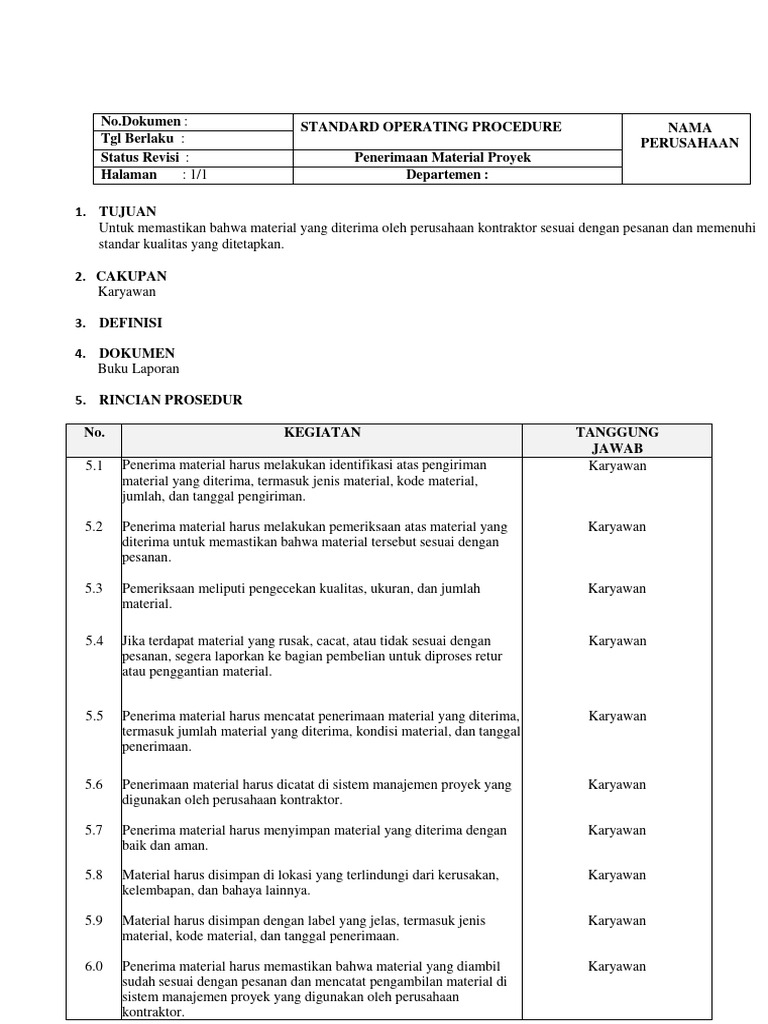 SOP Penerimaan Material Proyek | PDF